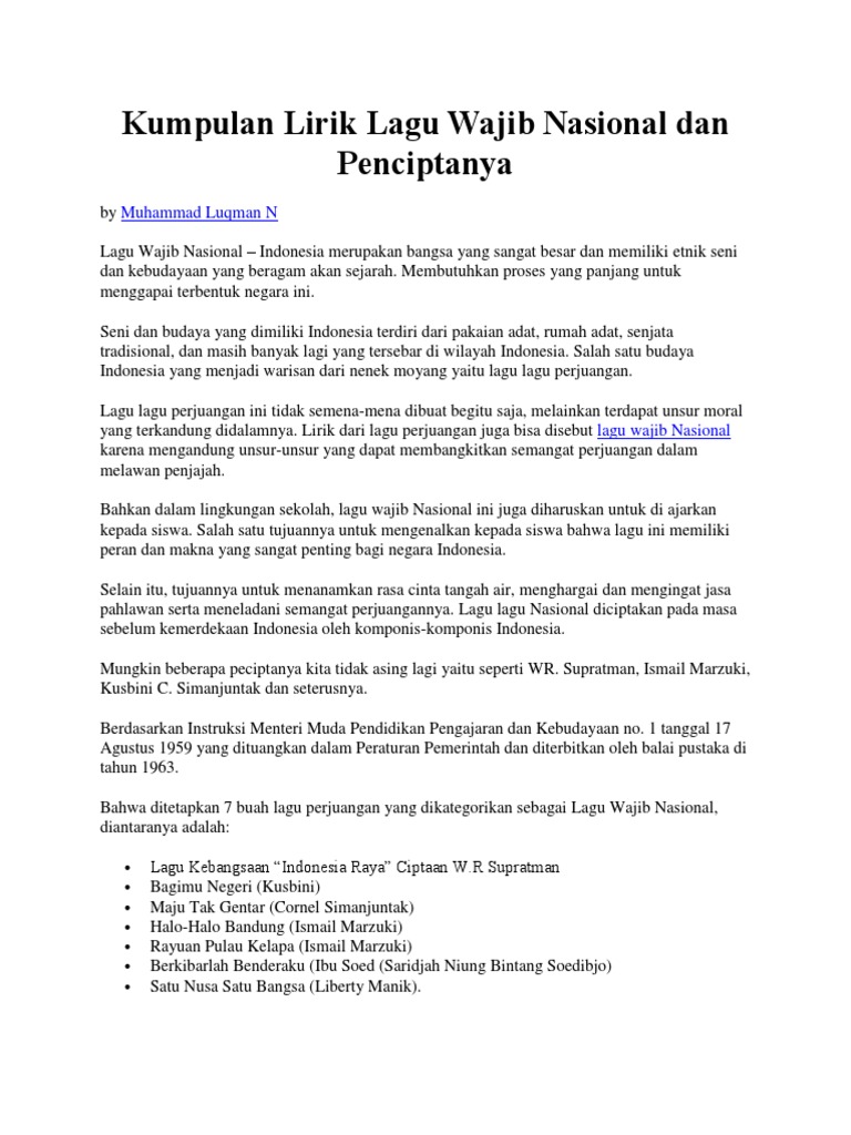 Kumpulan Lirik Lagu Wajib Nasional Dan Penciptanya | PDF