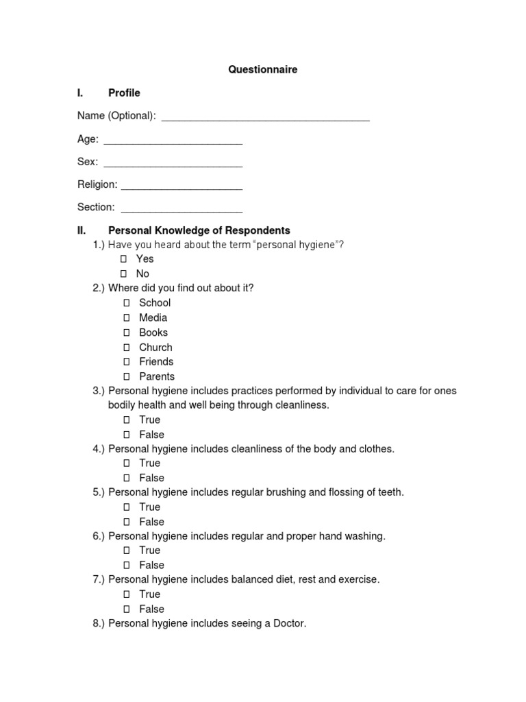 Questionnaire I. Profile | PDF | Hygiene | Health Care