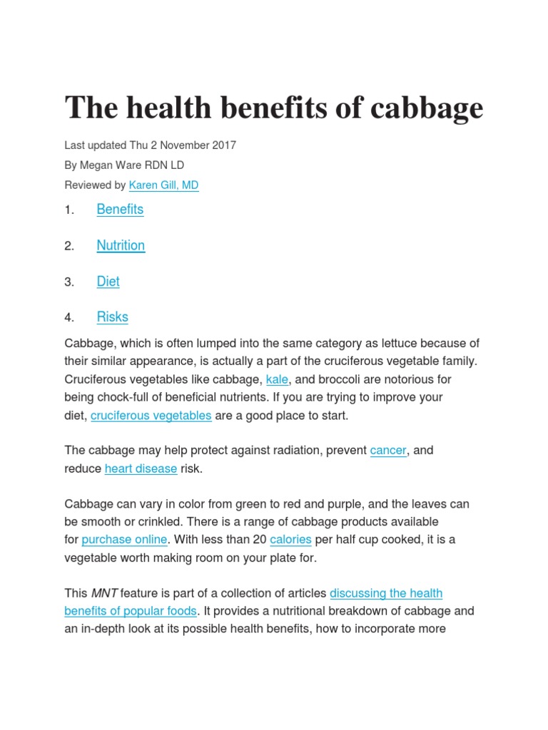 The Health Benefits of Cabbage | PDF | Cabbage | Dietary Fiber