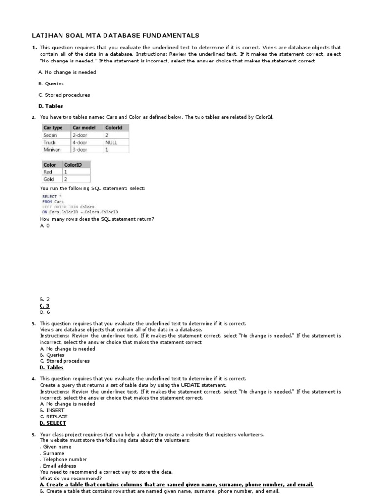 LATIHAN SOAL MTA DATABASE FUNDAMENTALS - Baru PDF | PDF | Database Index | Sql