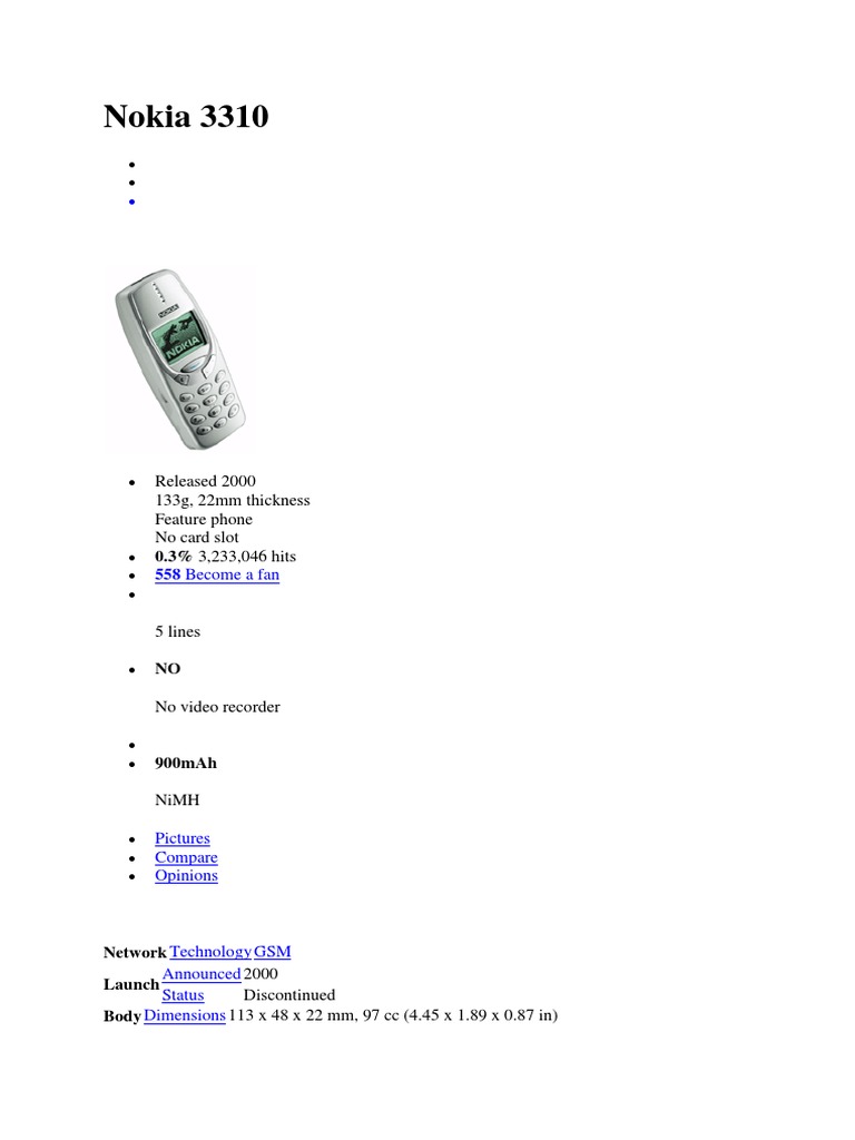Nokia 3310 Iconic Brick Phone Specs & Reviews | PDF | Teleconferencing ...