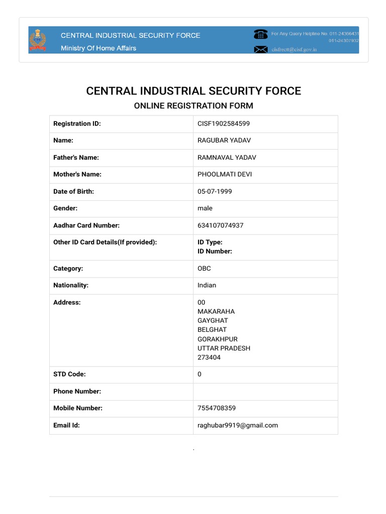 Central Industrial Security Force: Online Registration Form | PDF
