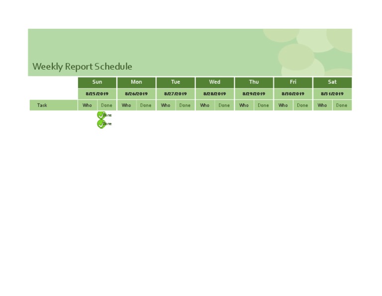 Weekly Report Schedule: Sun Mon Tue Wed Thu Fri Sat | PDF
