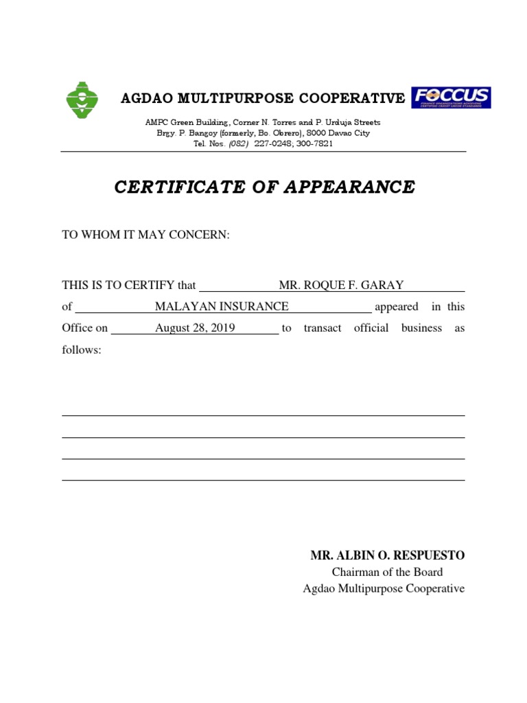 Certificate of Appearance