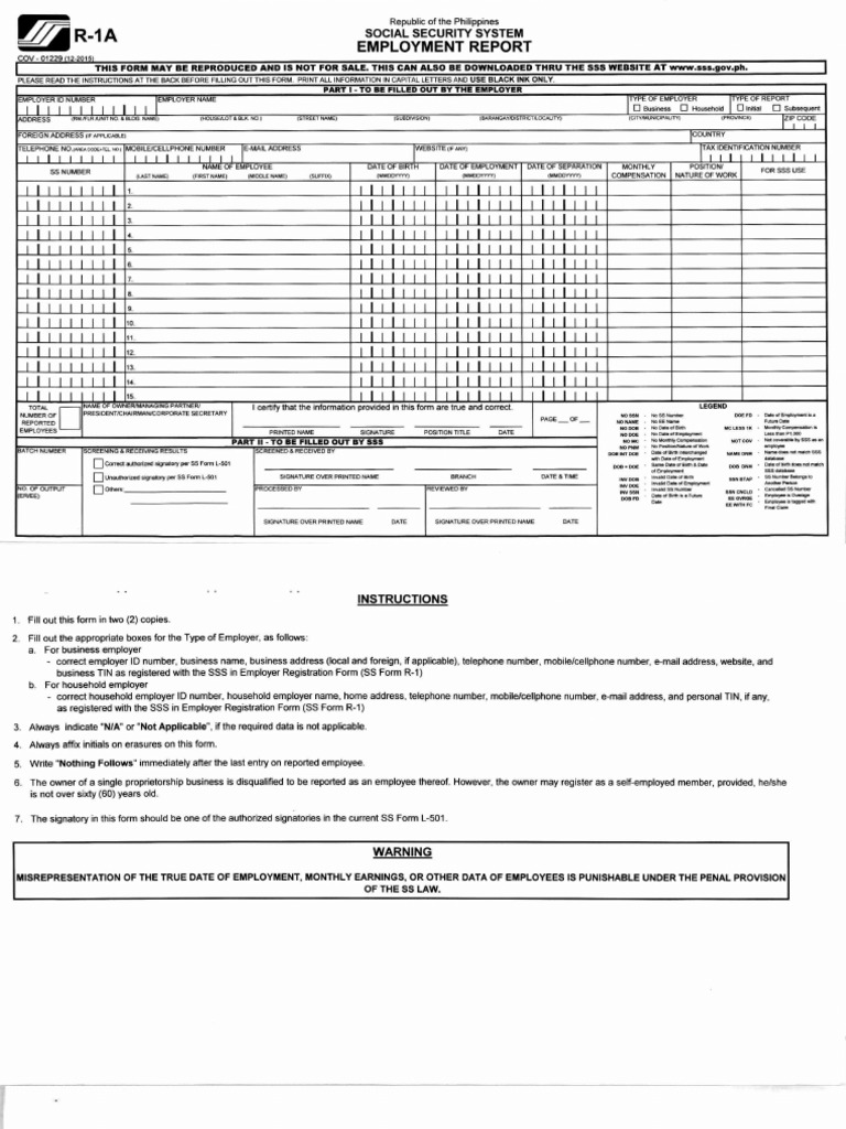 SSS R-1A Form (Employment Report) PDF | PDF