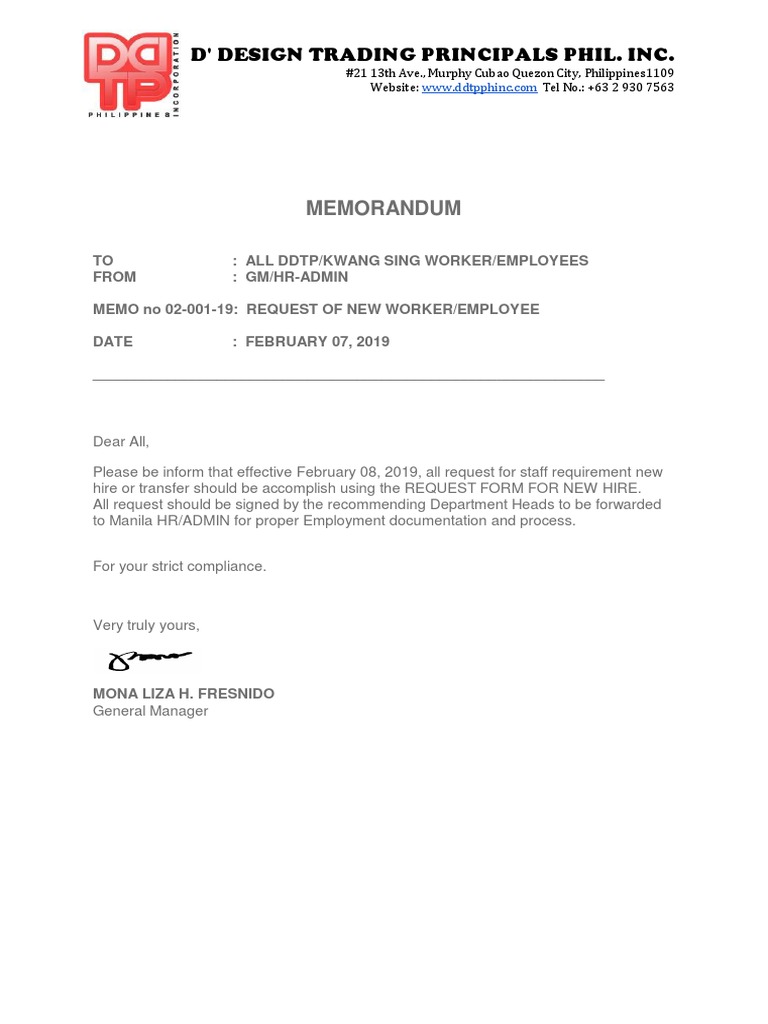 Memo On Request For New Employee | PDF | Business