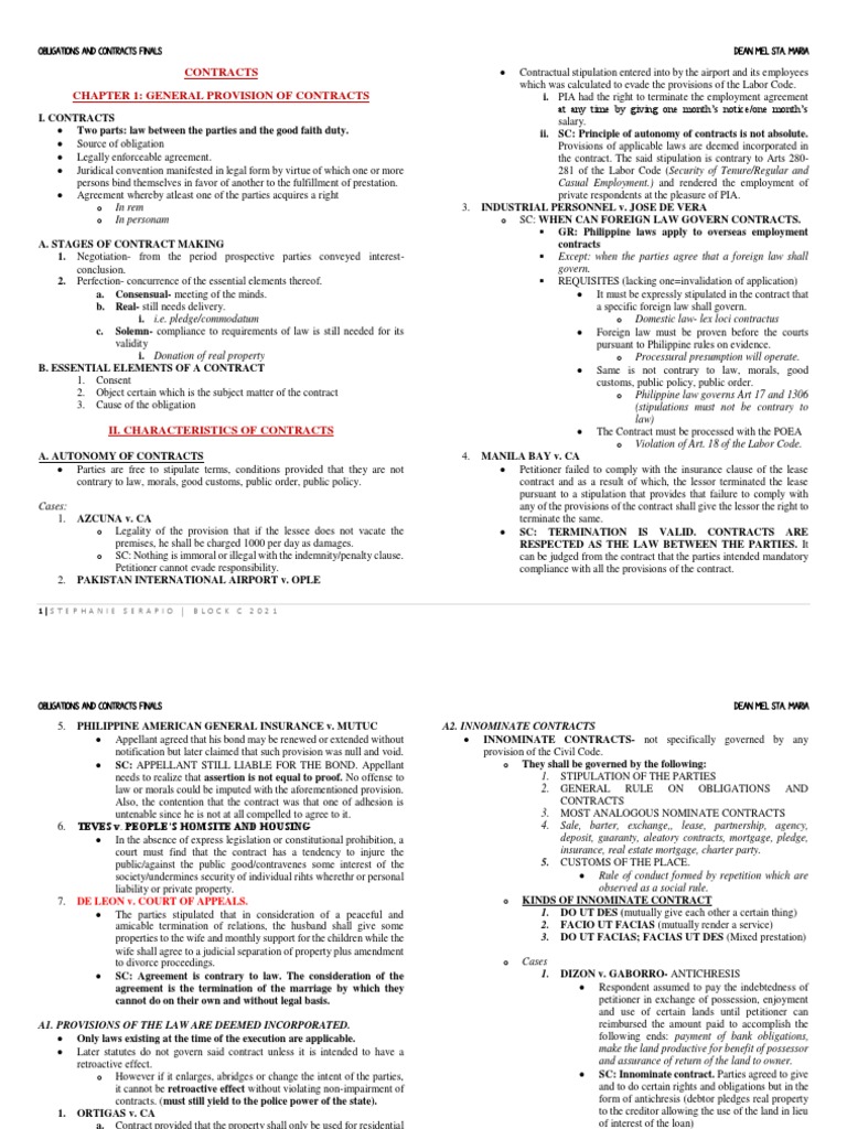 Contracts Chapter 1: General Provision of Contracts: Obligations and Contracts Finals Dean Mel ...