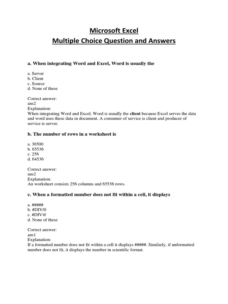 Microsoft Excel Multiple Choice Question and Answers: A. When ...