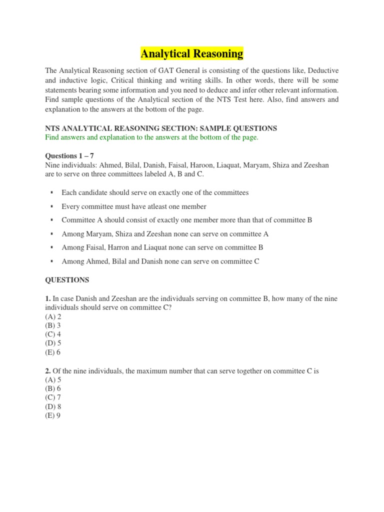 Analytical Reasoning Sample Questions and Answers | PDF | Philosophical Methodology | Reason