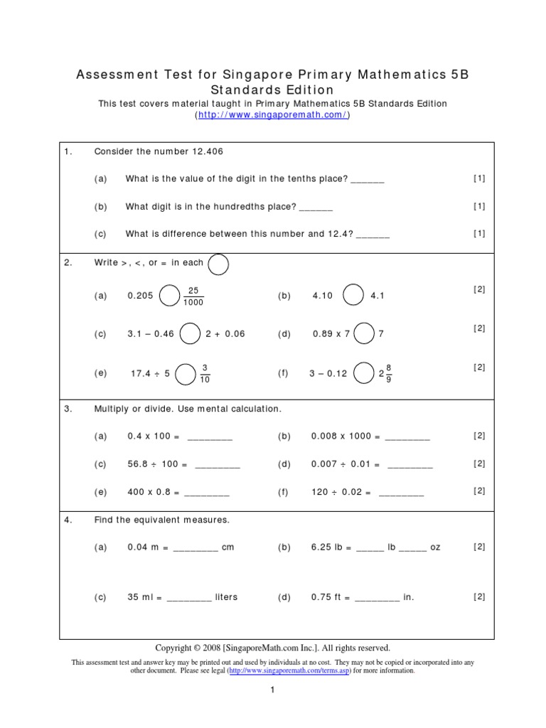 Assessment Test For Singapore Primary Mathematics 5B Standards Edition ...