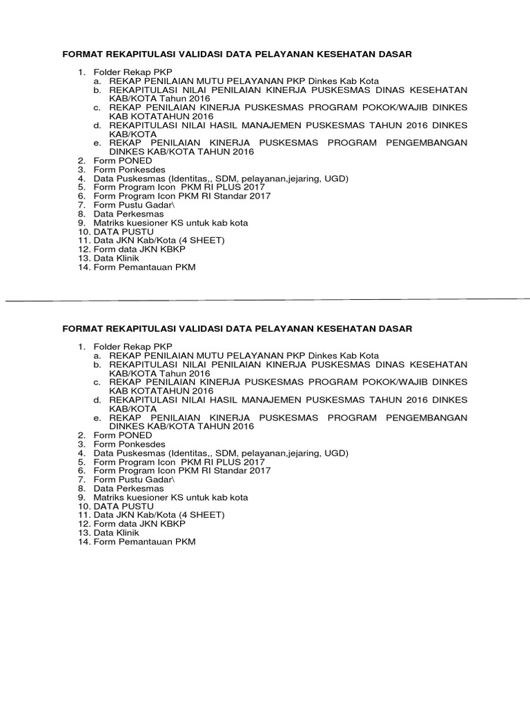 Format Rekapitulasi Validasi Data Pelayanan Kesehatan Dasar | PDF ...