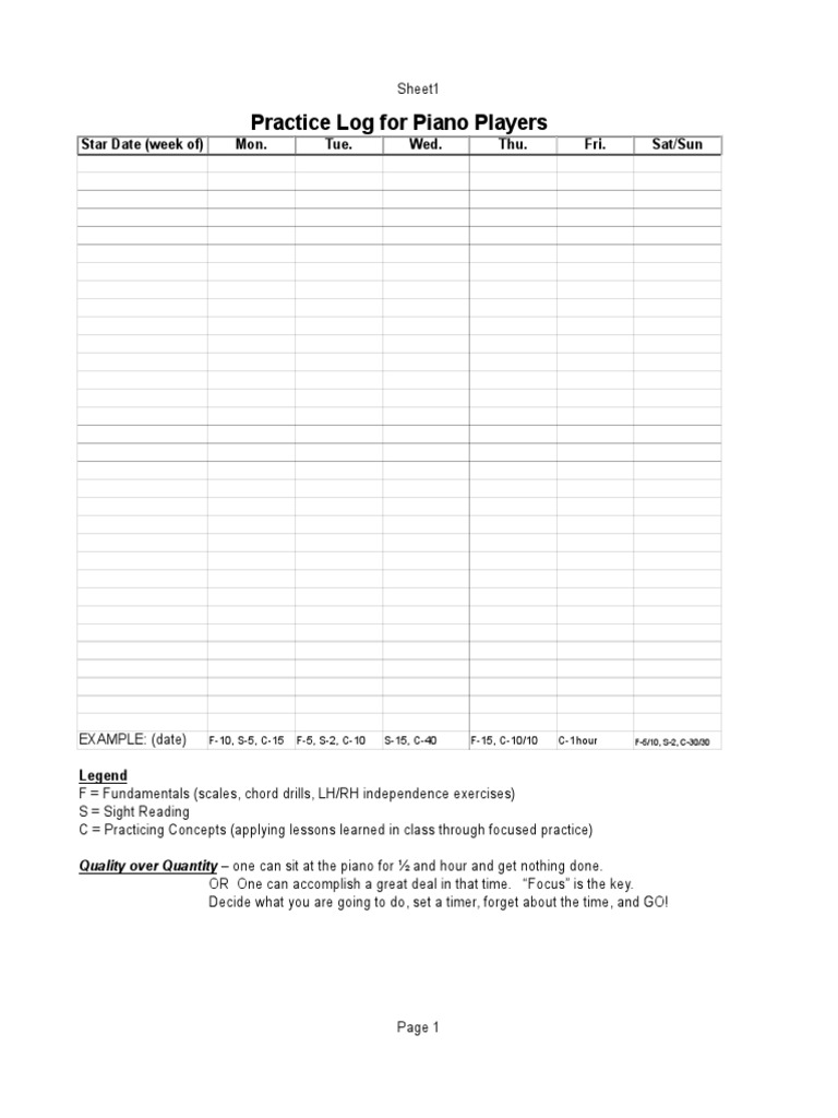 Practice Log For Piano Players: Star Date (Week Of) Mon. Tue. Wed. Thu ...