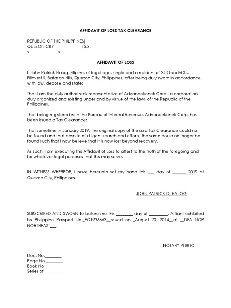 Affidavit Tax Clearance Replacement | PDF