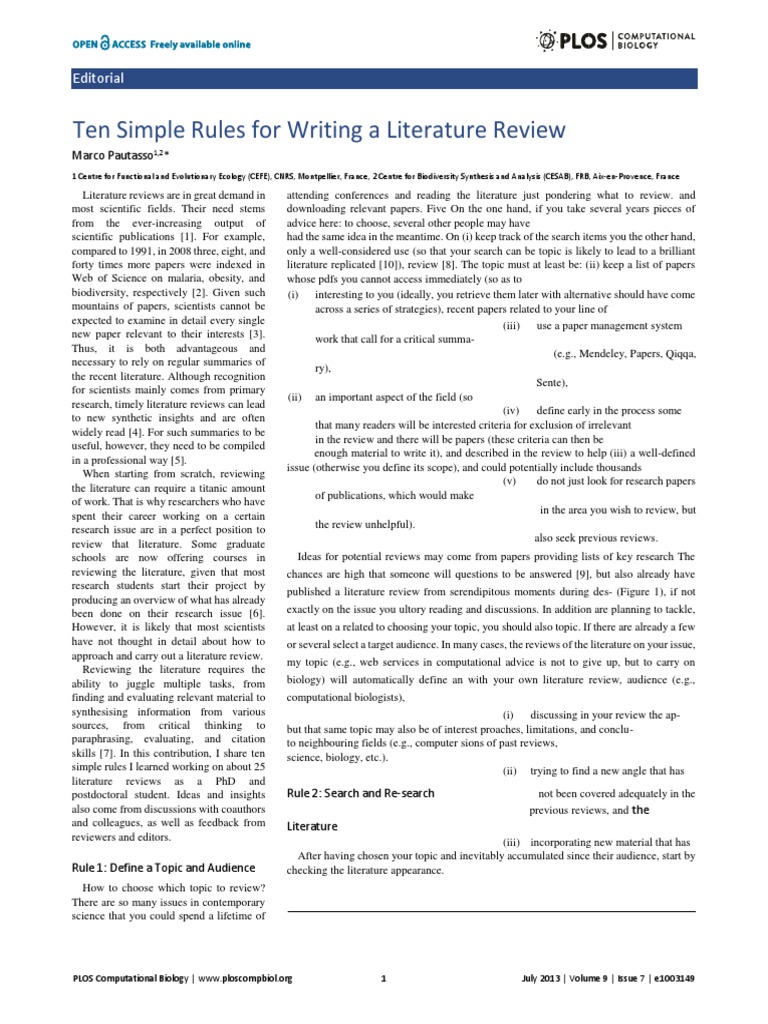 Ten Simple Rules For Writing A Literature Review PDF | PDF | Systematic ...