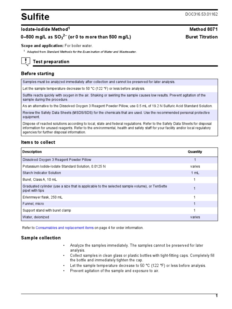 Sulfite: Iodate-Iodide Method Method 8071 0-500 MG/L As SO (Or 0 To ...