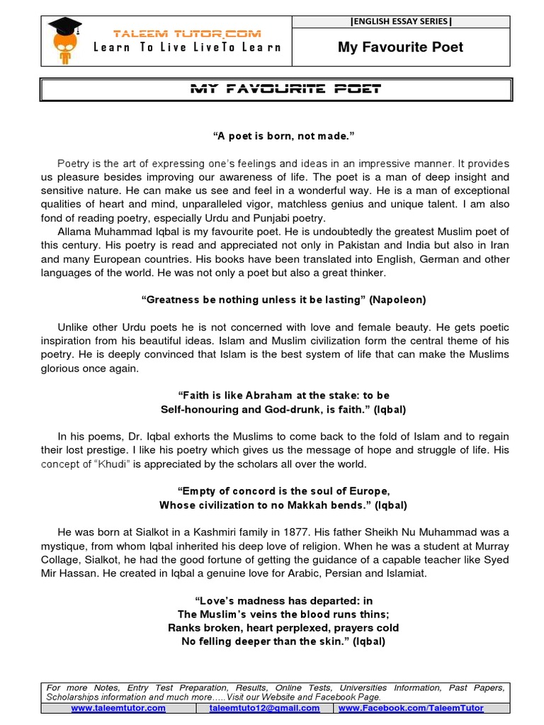 My Favourite Poet Essay English Taleem Tutor | PDF | Poetry | Religion ...
