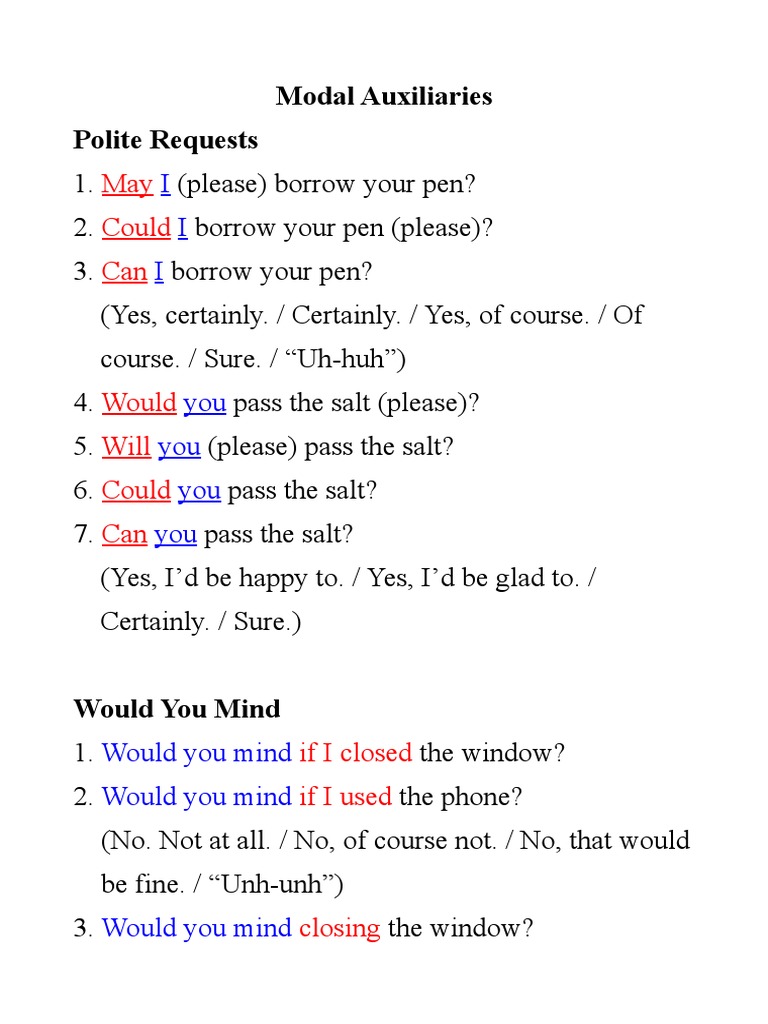 May Could Can: Modal Auxiliaries Polite Requests | PDF