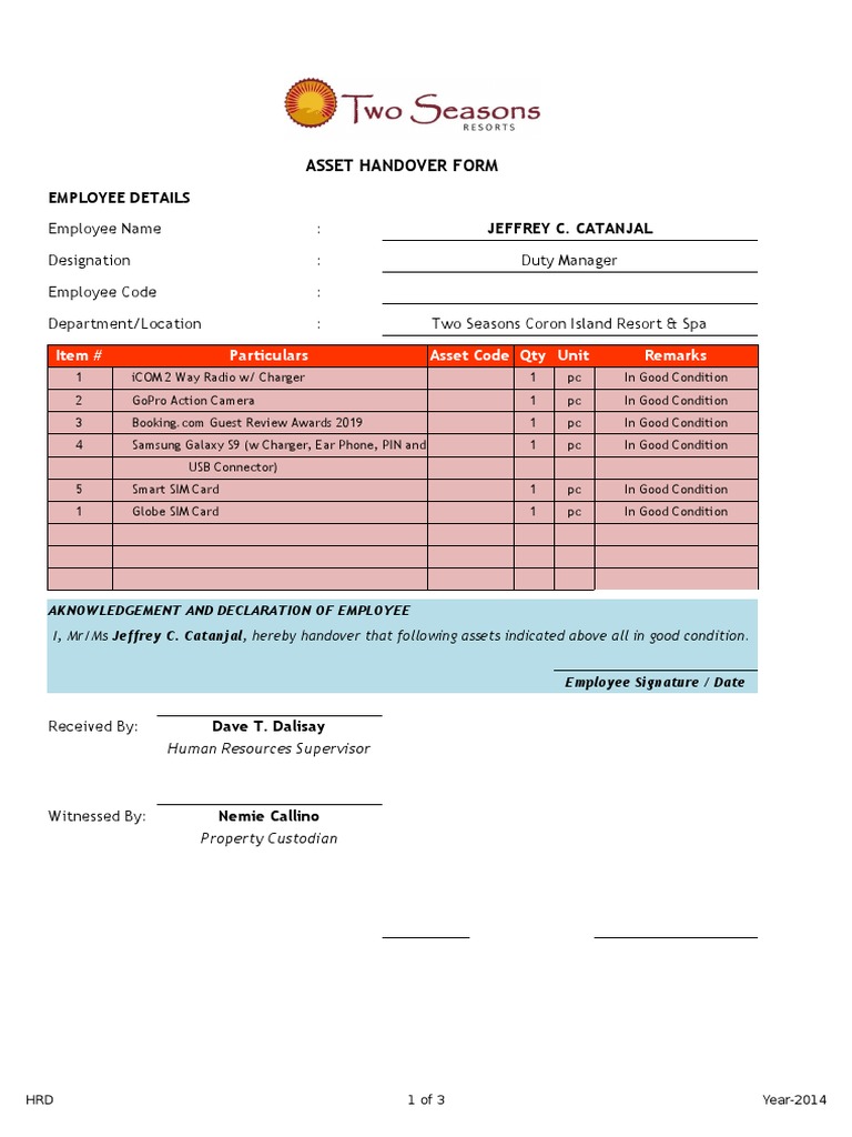 TSR Form - Asset Handover Form