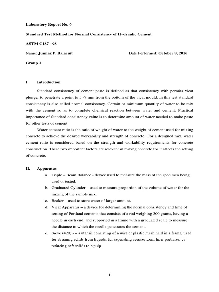 Laboratory Report No. 6 Standard Test Method For Normal Consistency of ...
