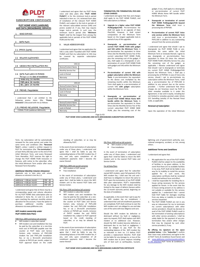 2019 PLDT Home Subscriber Certificate | PDF | Subscription Business ...