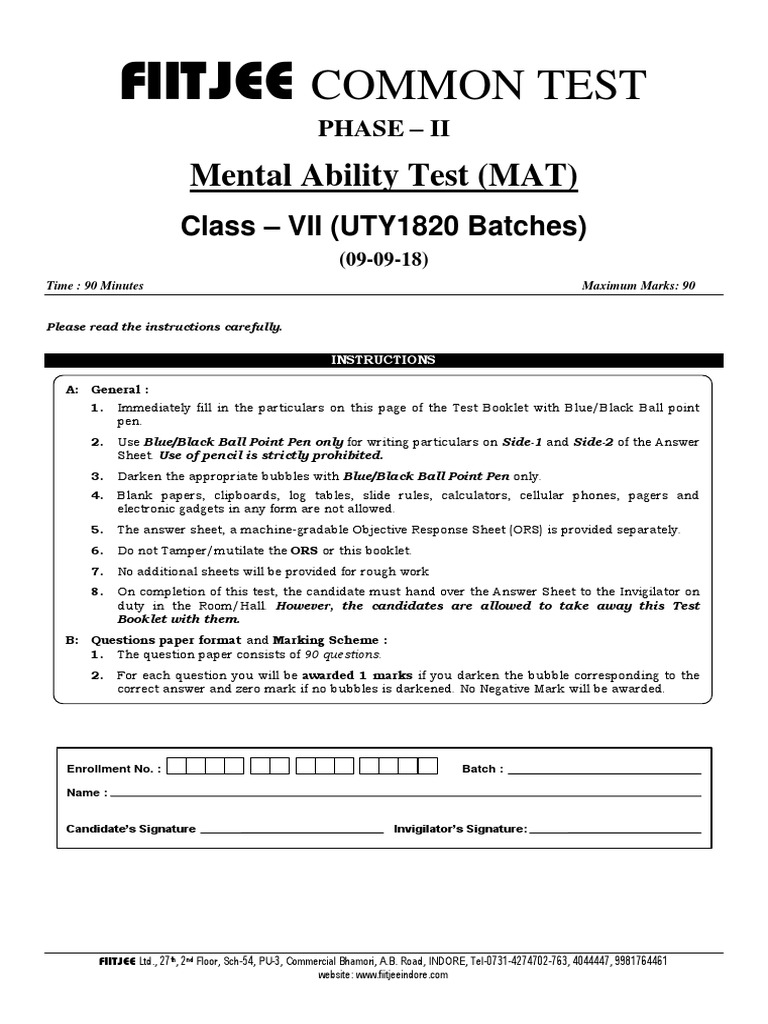 Fiitjee: Common Test | PDF