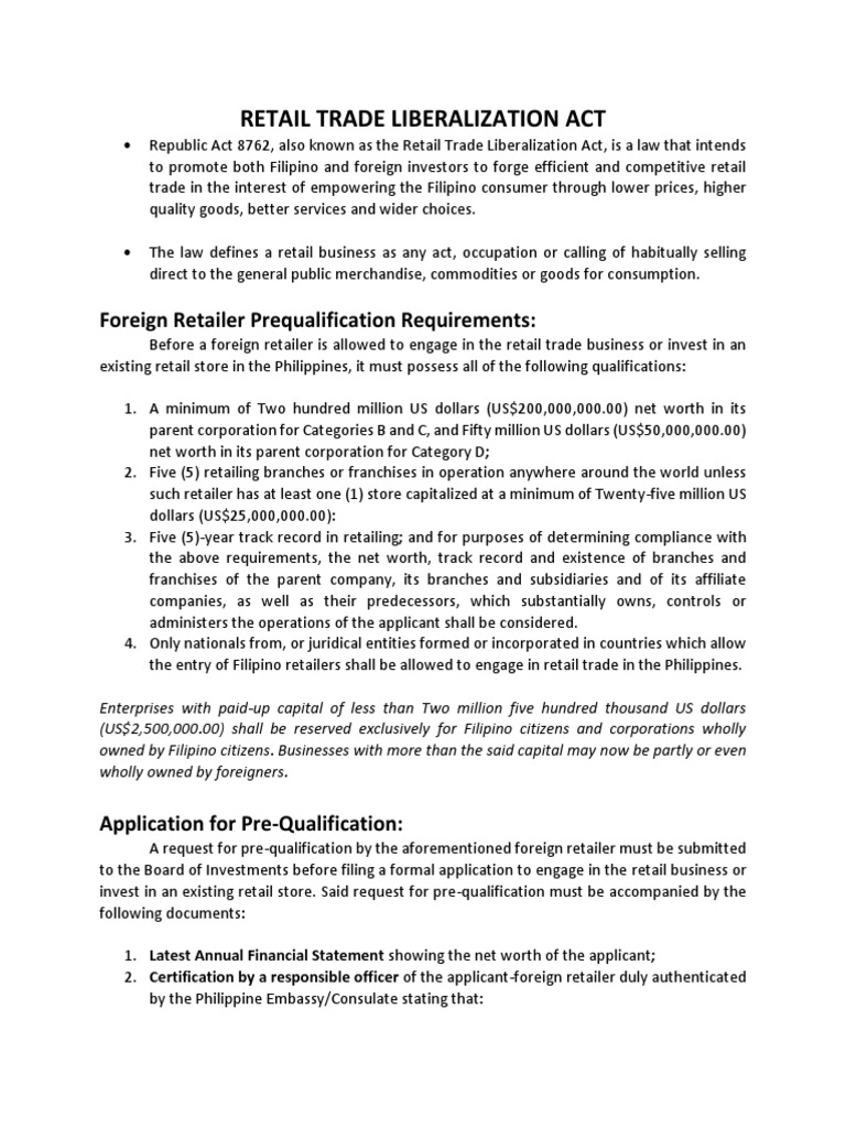 Retail Trade Liberalization Act Overview | PDF | Retail | U.S ...