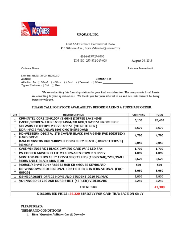PC Express Quotation For Office Computers | PDF | Cheque | Receipt