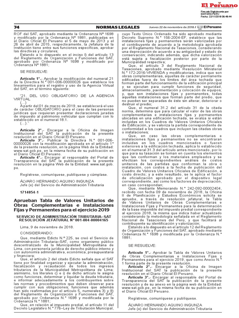 Aprueban Tabla de Valores Unitarios de Obras Complementarias Resolucion Jefatural N 001 004 ...