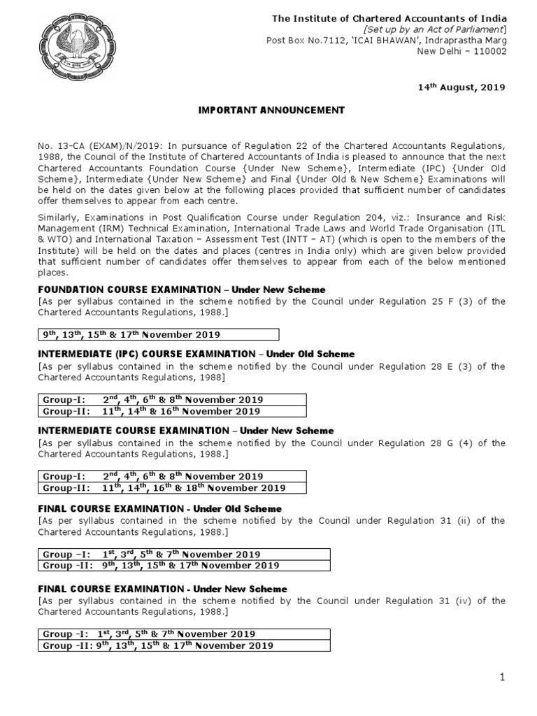 Icai Examination Schedule | PDF | World Trade Organization | Services ...