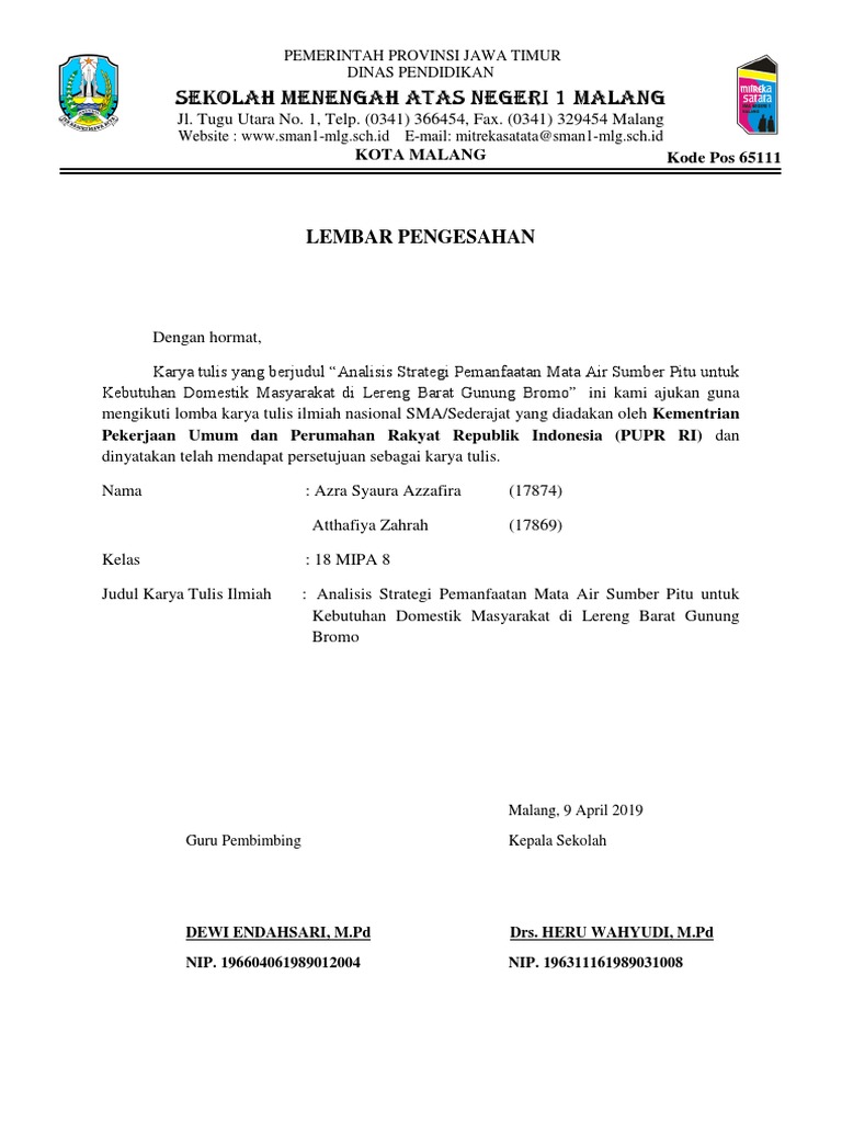 Lembar Pengesahan Karya Tulis Ilmiah | PDF