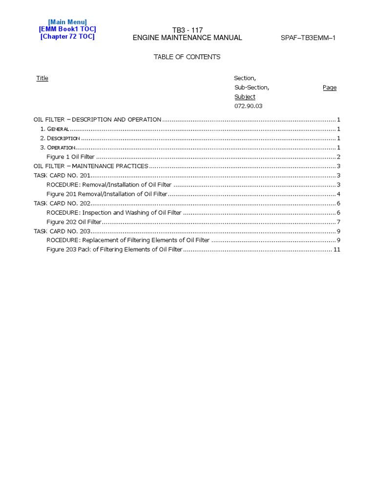 TB3 - 117 Engine Maintenance Manual: (EMM Book1 TOC) (Chapter 72 TOC ...