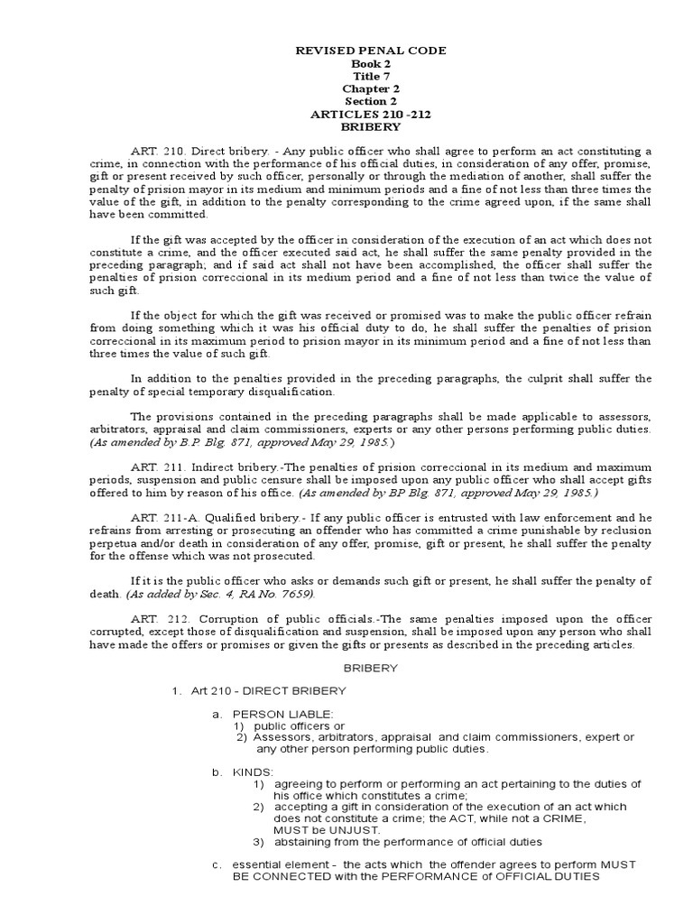 Bribery - Articles 210-212 of Act No. 3815 Revised Penal Code | PDF ...