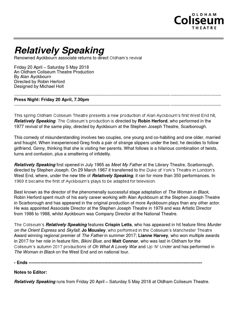 Relatively Speaking: Press Night: Friday 20 April, 7.30pm | PDF ...