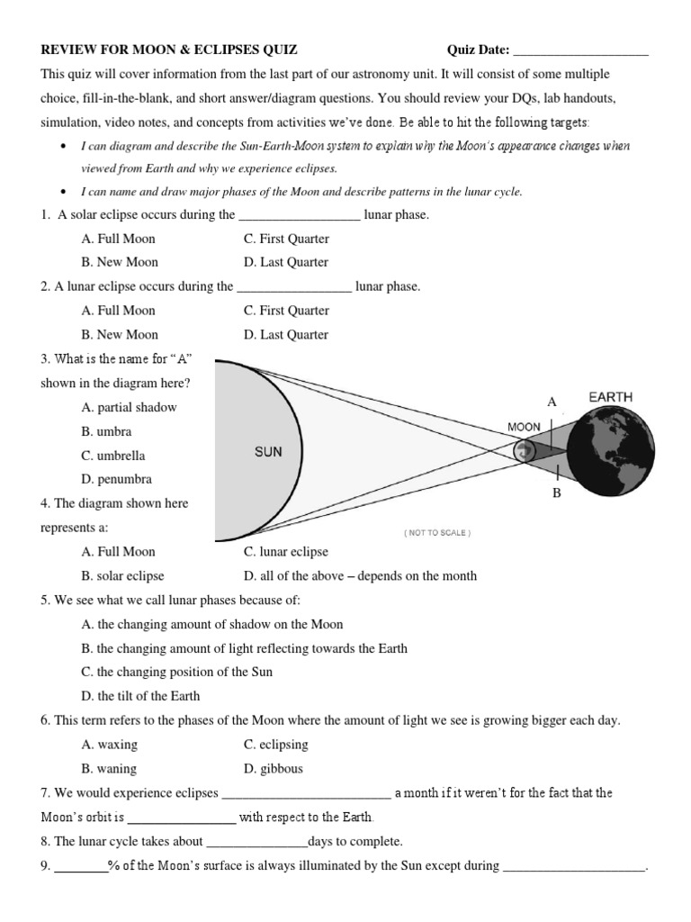 Moon and Eclipses Quiz Review | PDF | Eclipse | Planets Of The Solar System