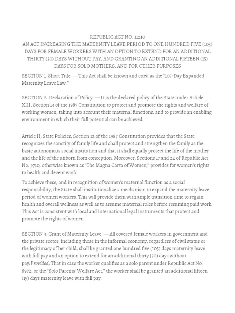 Expanded Maternity Leave Act 11210 | PDF | Parental Leave | Childbirth