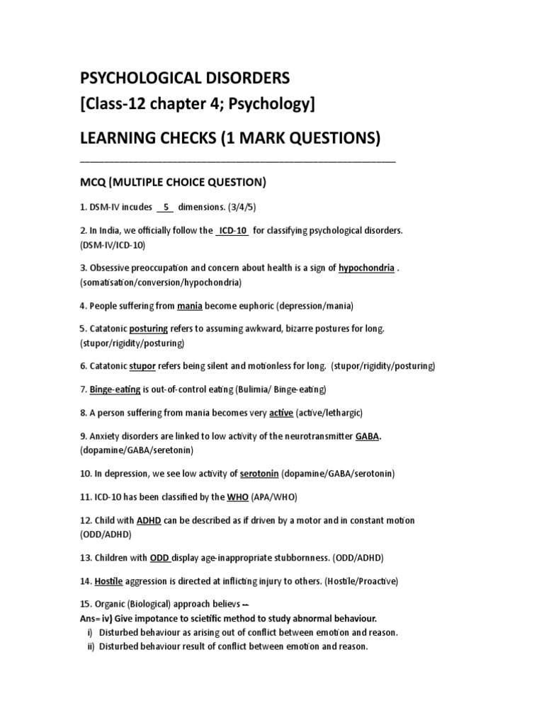 Class 12 Psychology Psychological Disorders | PDF | Mental Disorder ...