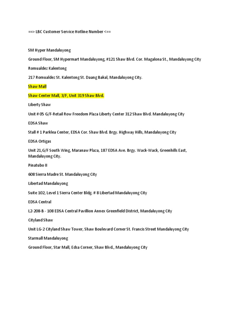 LBC Customer Service Hotline Number | PDF