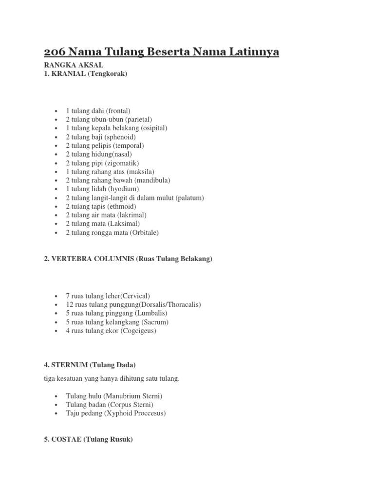 206 Nama Tulang Beserta Nama Latinnya | PDF