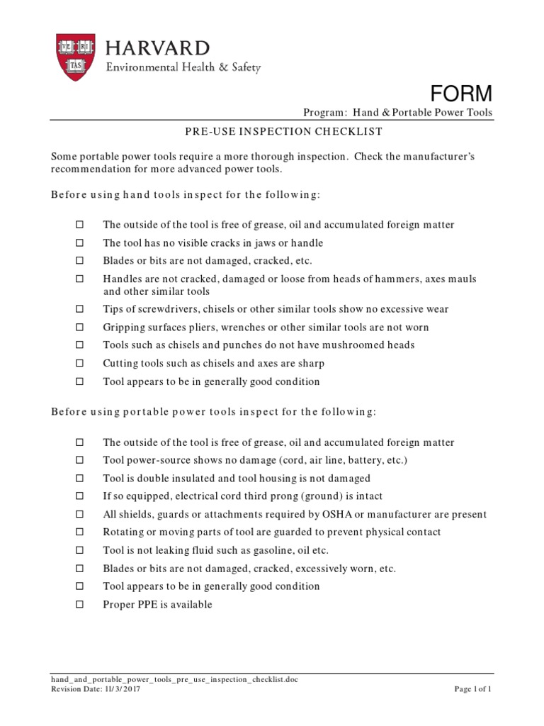 Hand and Portable Power Tools Pre Use Inspection Checklist | PDF