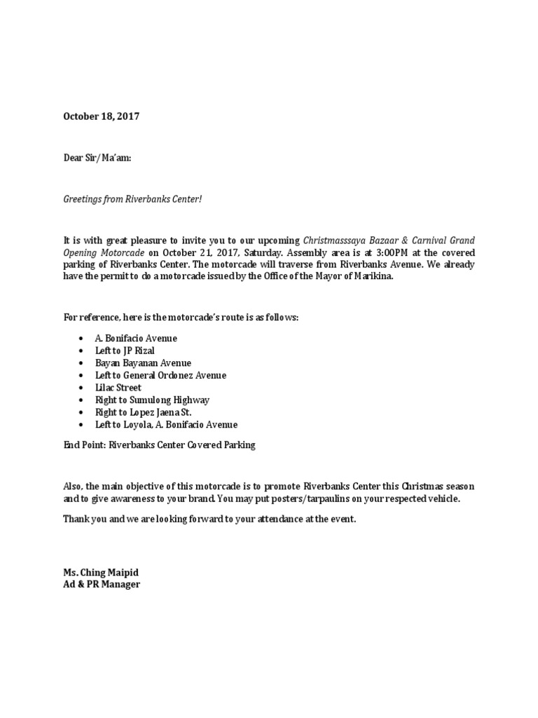 Letter of Invitation For Motorcade | PDF