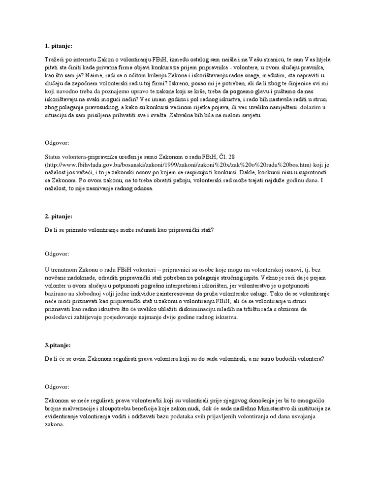 Pitanja o Zakonu o Volontiranju | PDF