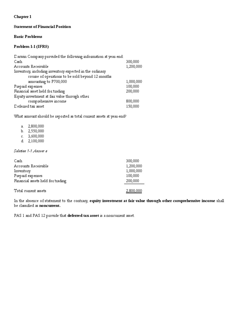 Statement of Financial Position Basic Problems Problem 1-1 (IFRS) | PDF ...