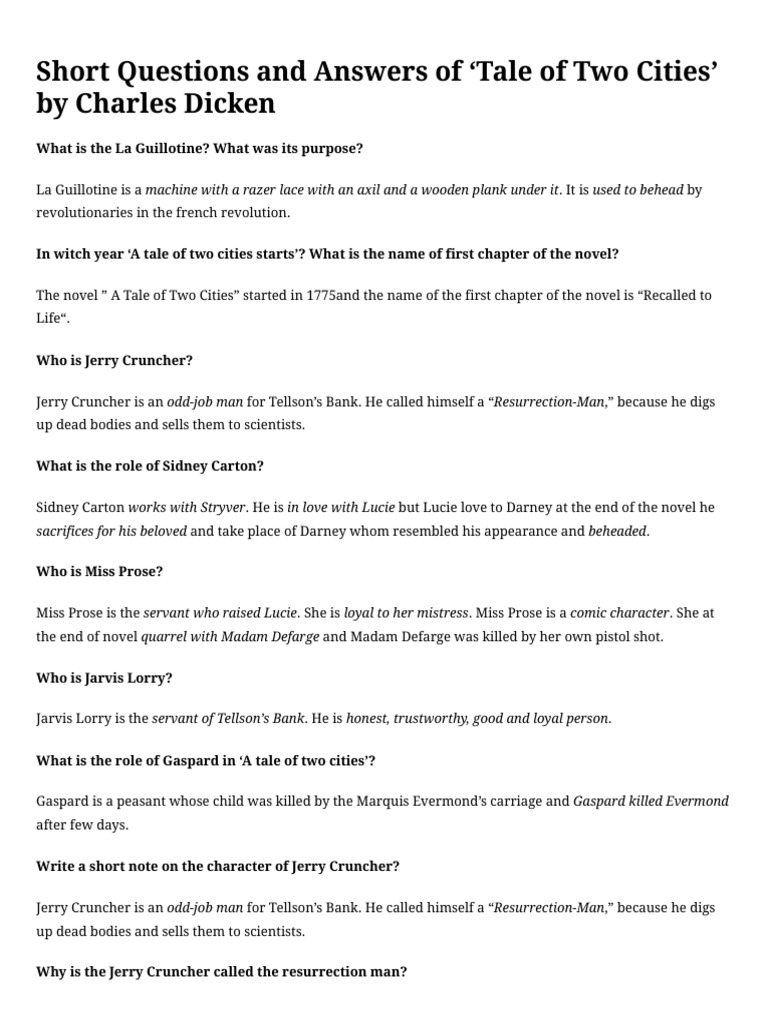 Key Characters, Events and Themes in A Tale of Two Cities as Revealed ...