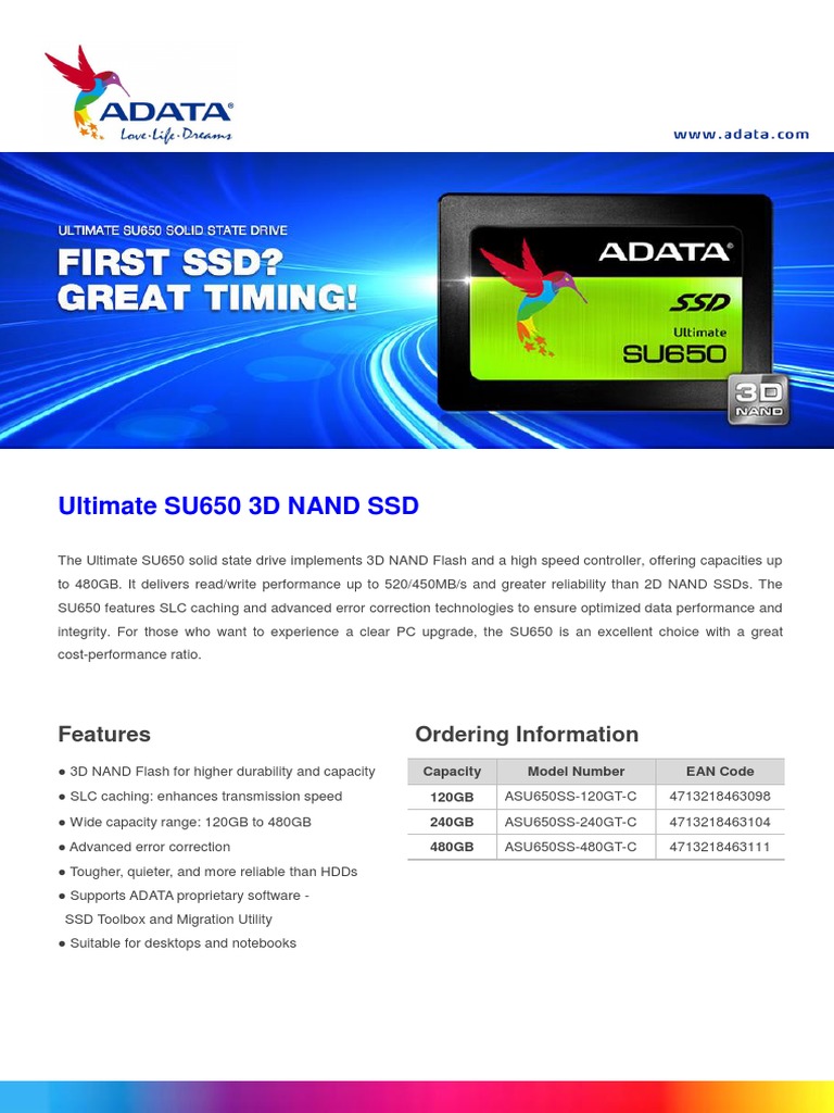 Ultimate SU650 3D NAND SSD: Features Ordering Information | PDF | Solid State Drive | Flash Memory
