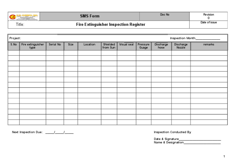 Title:: SMS Form Fire Extinguisher Inspection Register | PDF