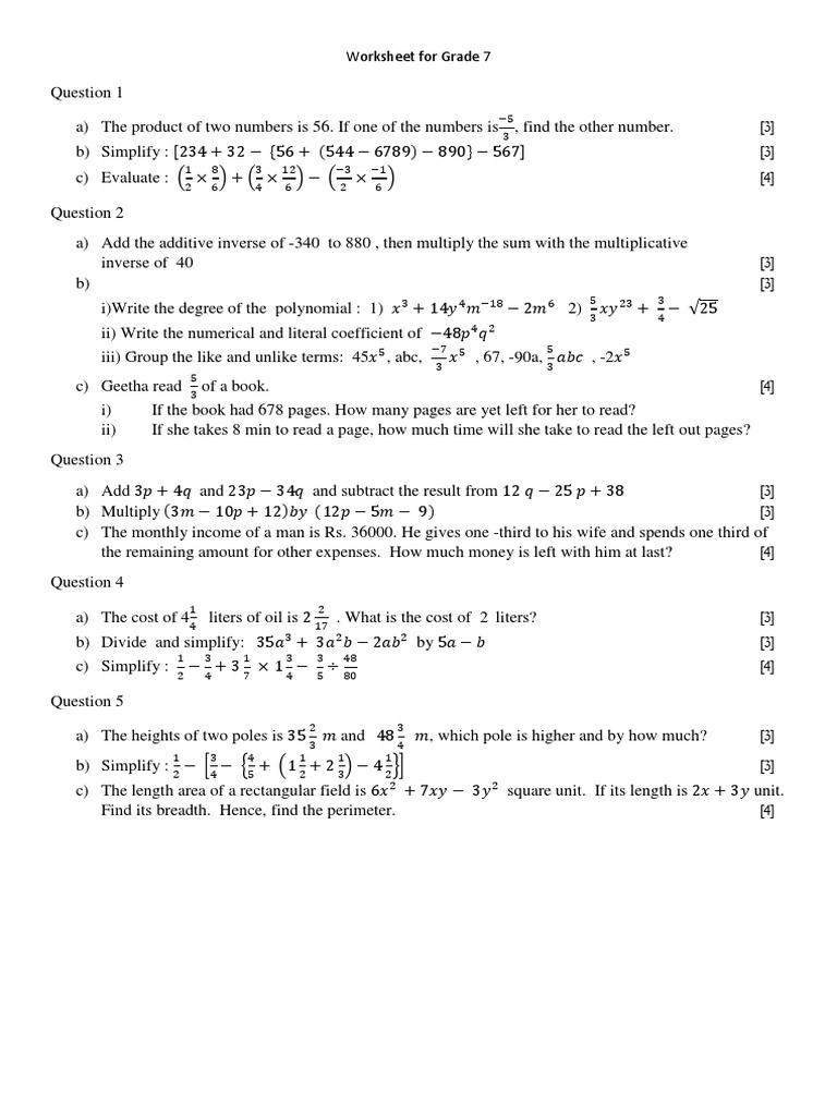 Worksheet For Grade 7 | PDF | Polynomial | Mathematics Of Computing