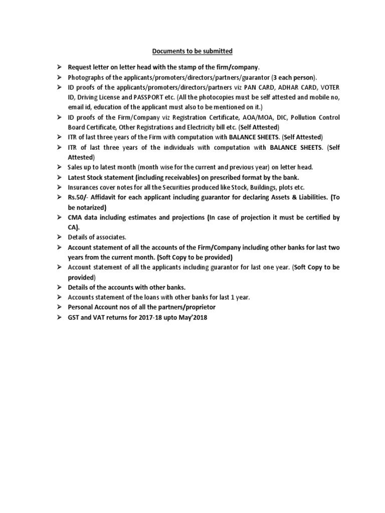 Document Submission Requirements for a Business Loan Application | PDF