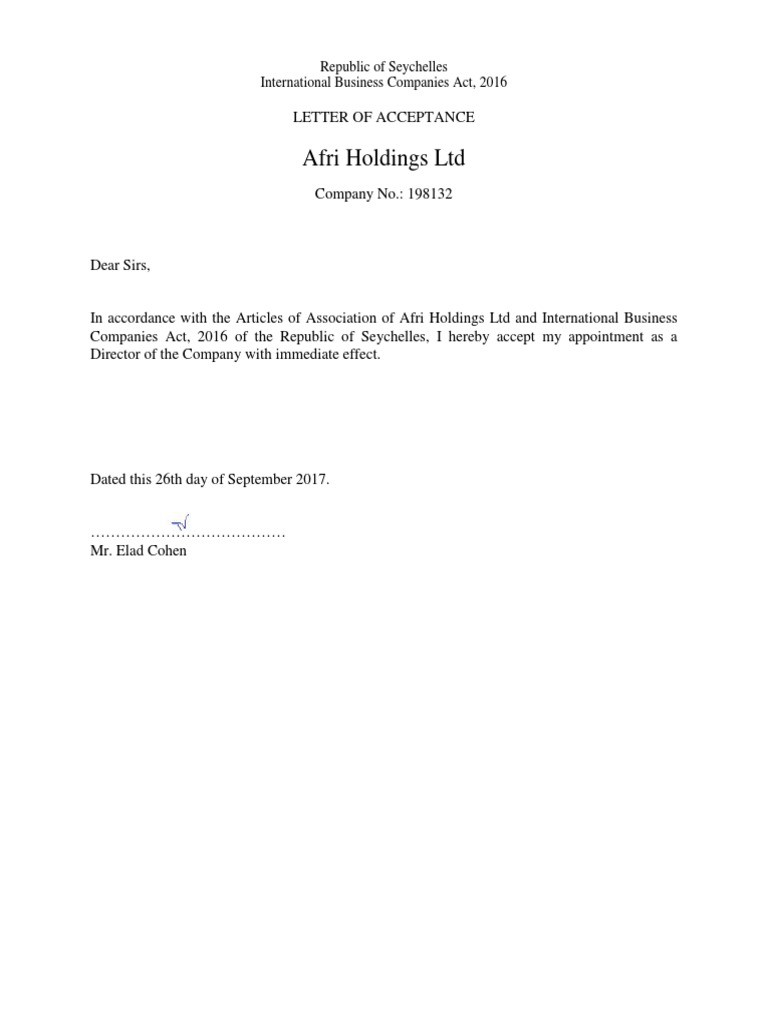Director Appointment Acceptance Letter | PDF