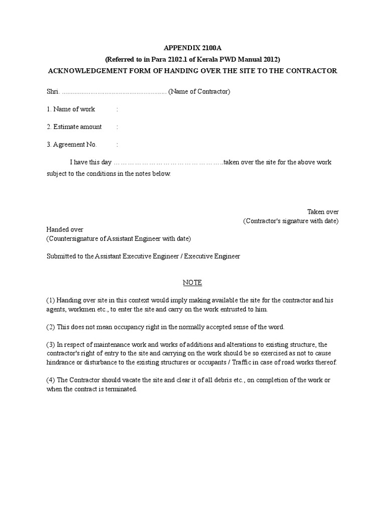 Acknowledgement Form for Handing Over Construction Site | PDF