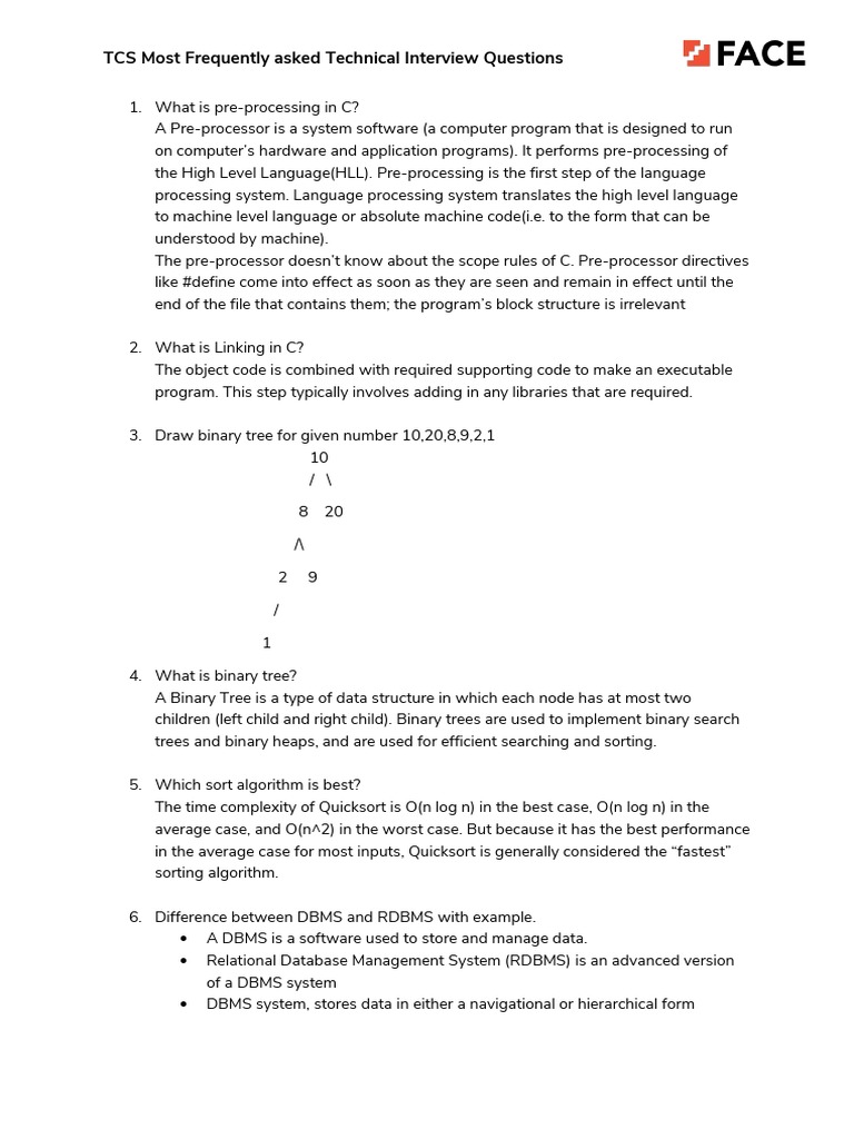 TCS Most Frequently Asked Technical Interview Questions | Download Free PDF | Class (Computer ...